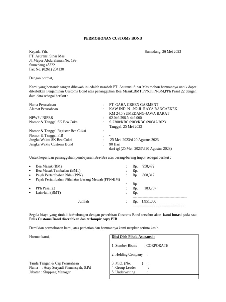 Permohonan Customs Bond PT GAHA Green Garment | PDF