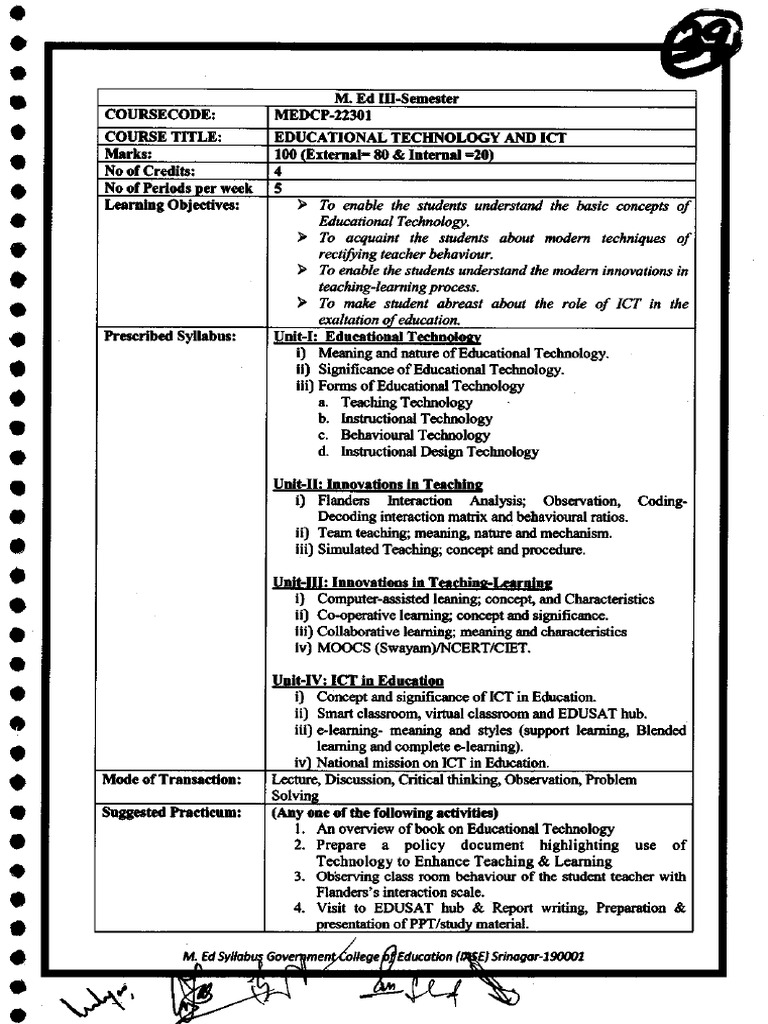 M.ed Syllabus 3rd Sem | PDF