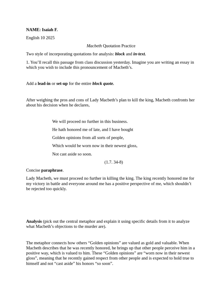 Macbeth Quotation Analysis Guide | PDF