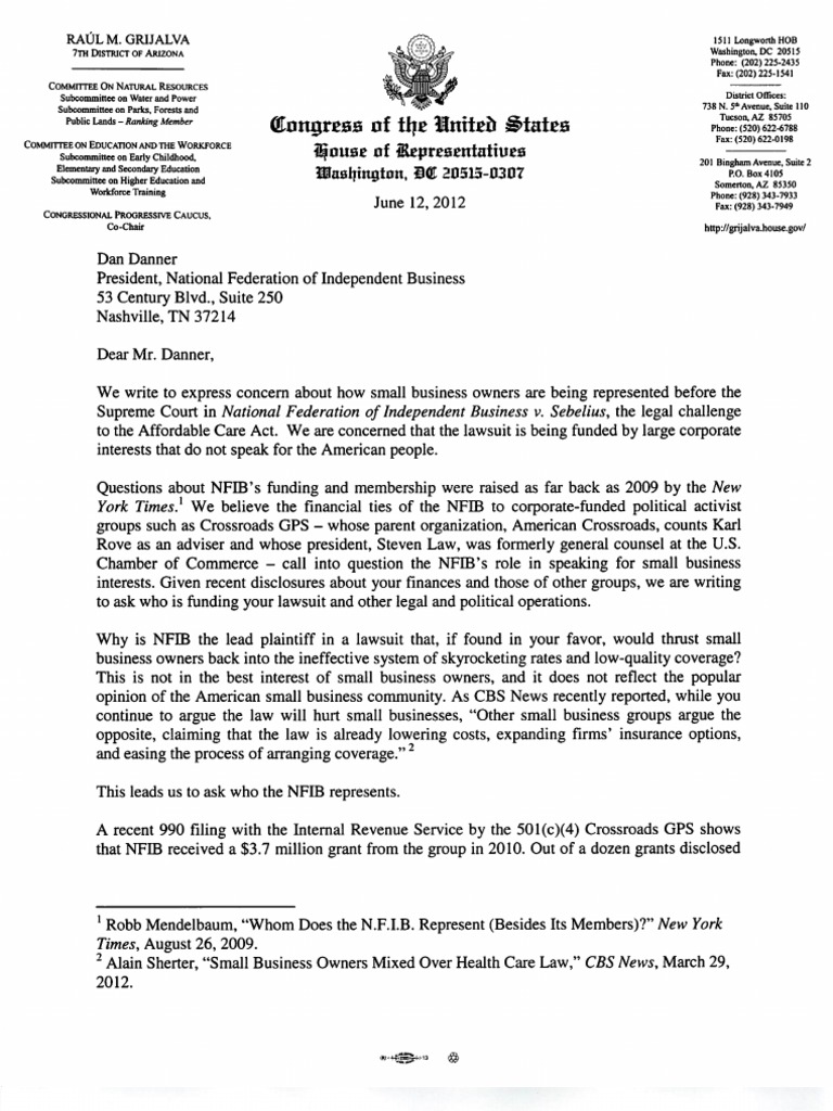 CPC Co-Chair Letter To NFIB June 12 | PDF | Politics Of The United ...