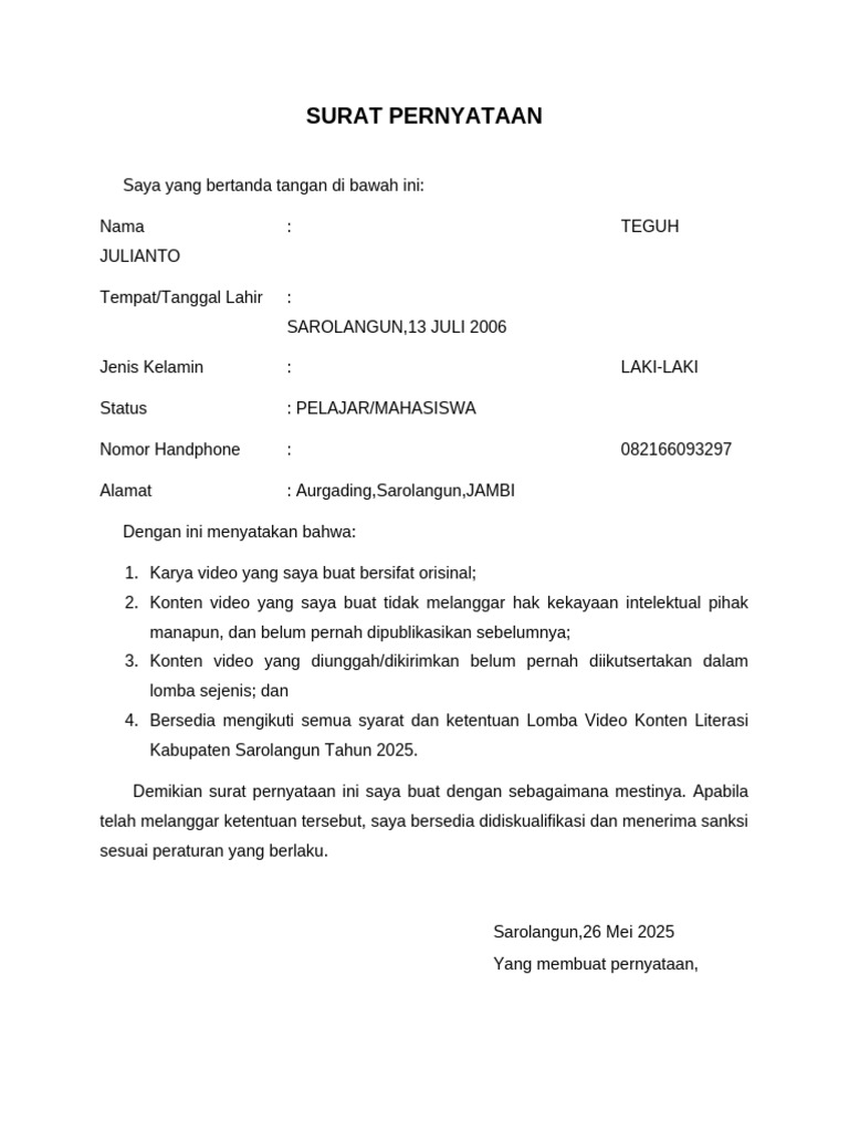 Surat Pernyataan Karya Video Orisinal | PDF