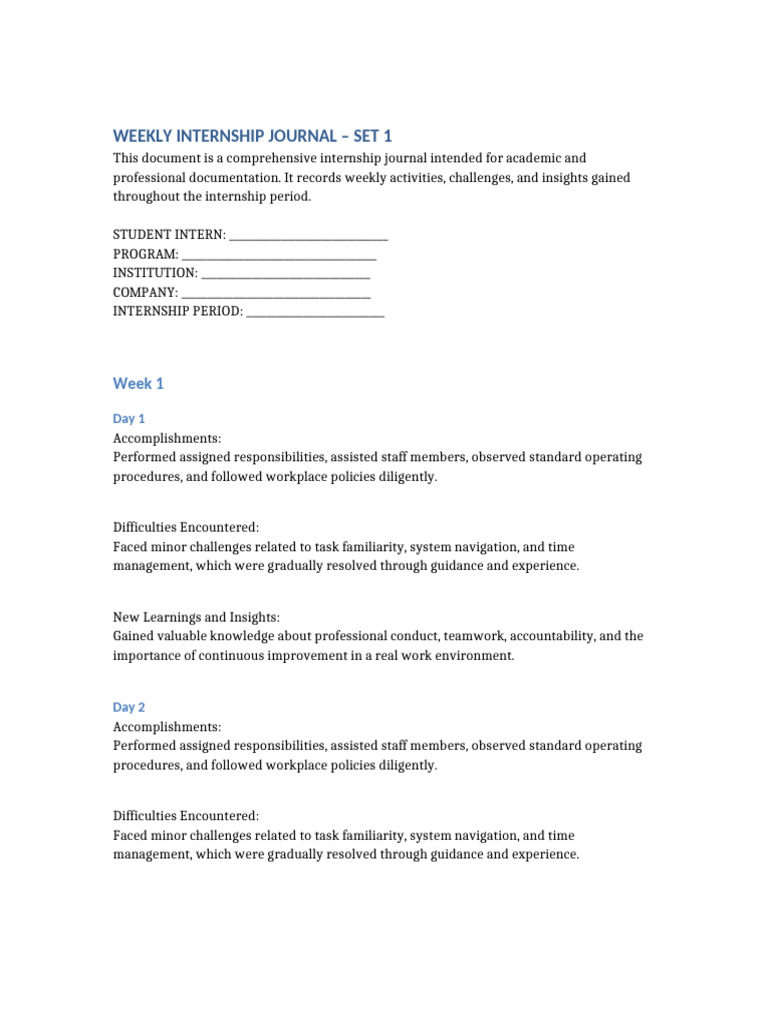 Weekly Journal Set 1 | PDF | Knowledge | Internship