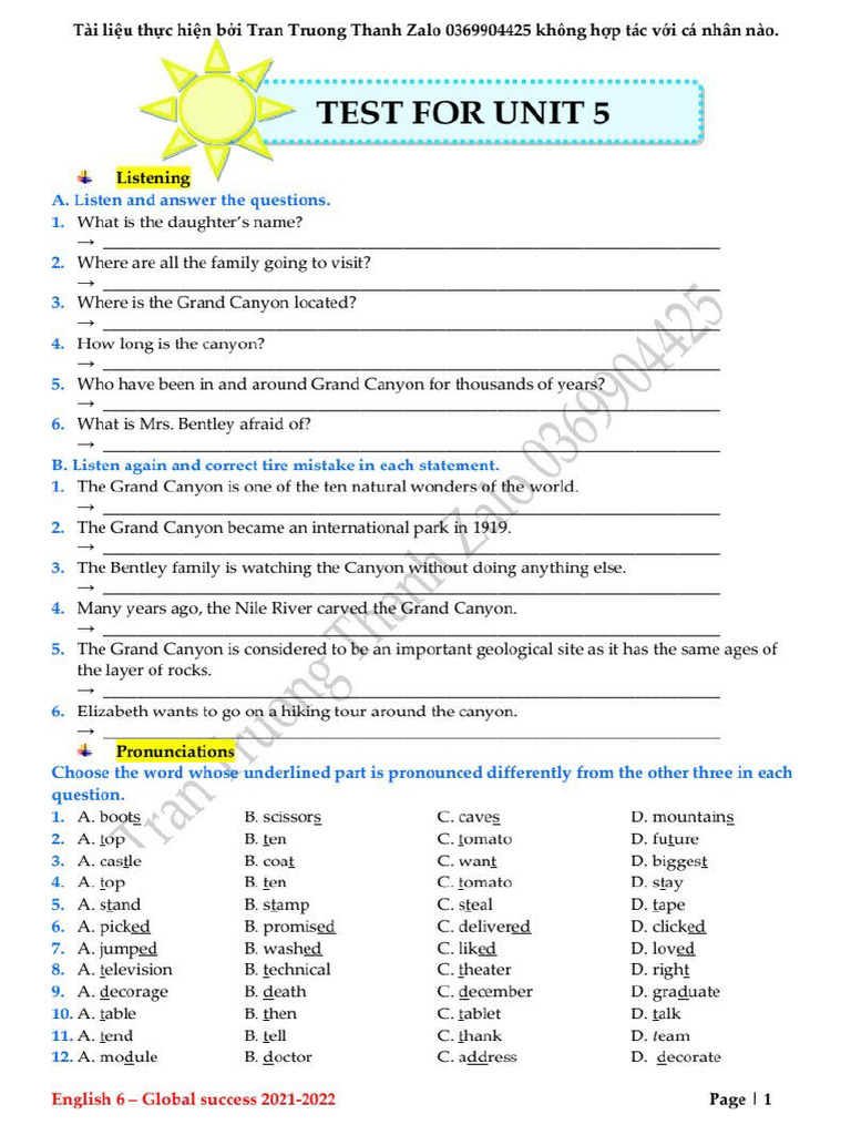 Bài Tập Bổ Trợ Anh 6 Global Unit 5 | PDF