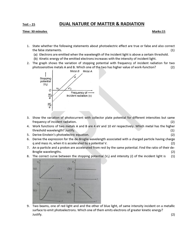 Test_15_Dual Nature of Matter & Radiation | PDF