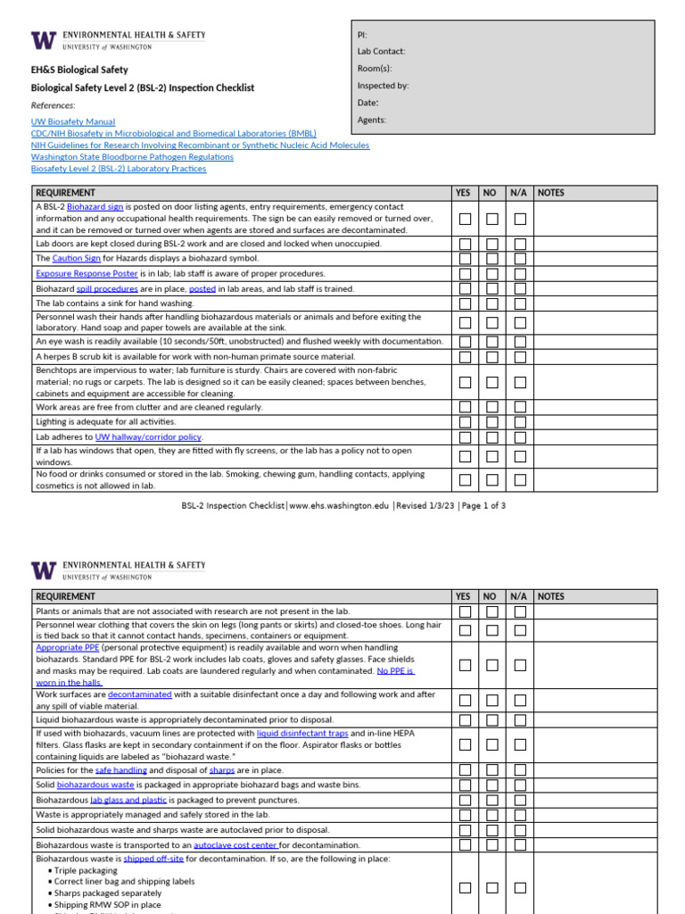 BSL-2 Biological Safety Inspection Checklist | PDF | Personal ...