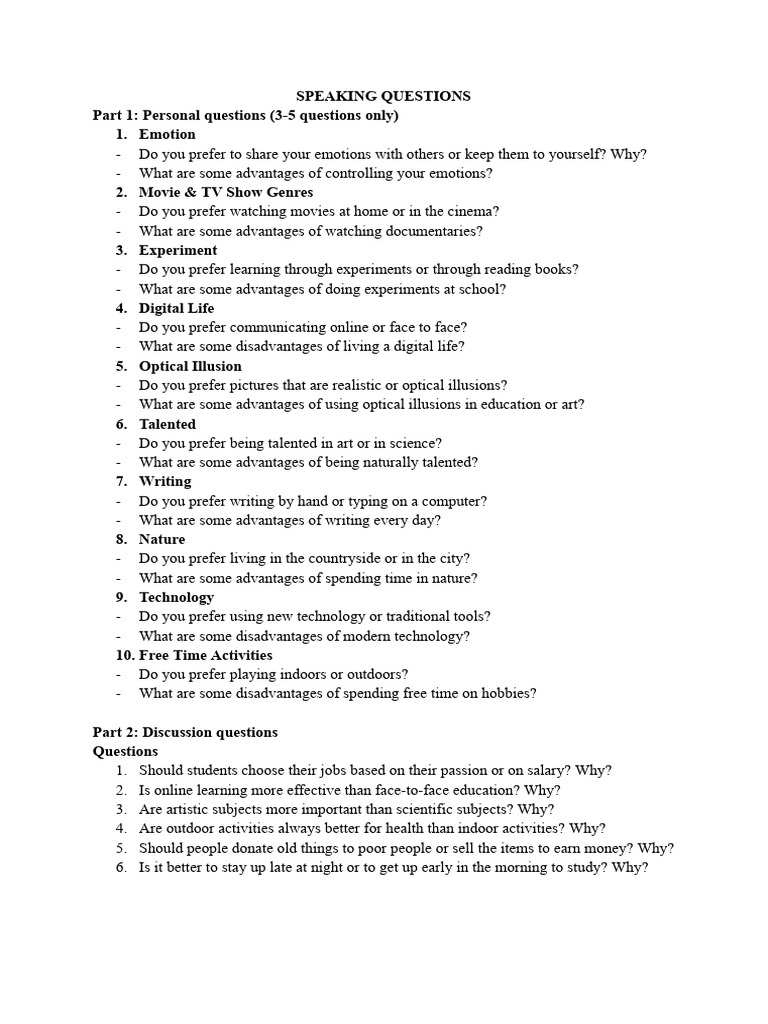 Speaking Questions for Discussion Practice | PDF | Cognition