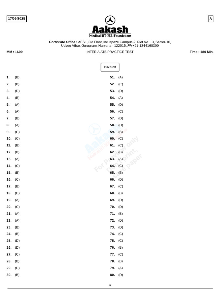 Inter Aiats Practice Test Key | PDF | Elasticity (Physics) | Mechanics