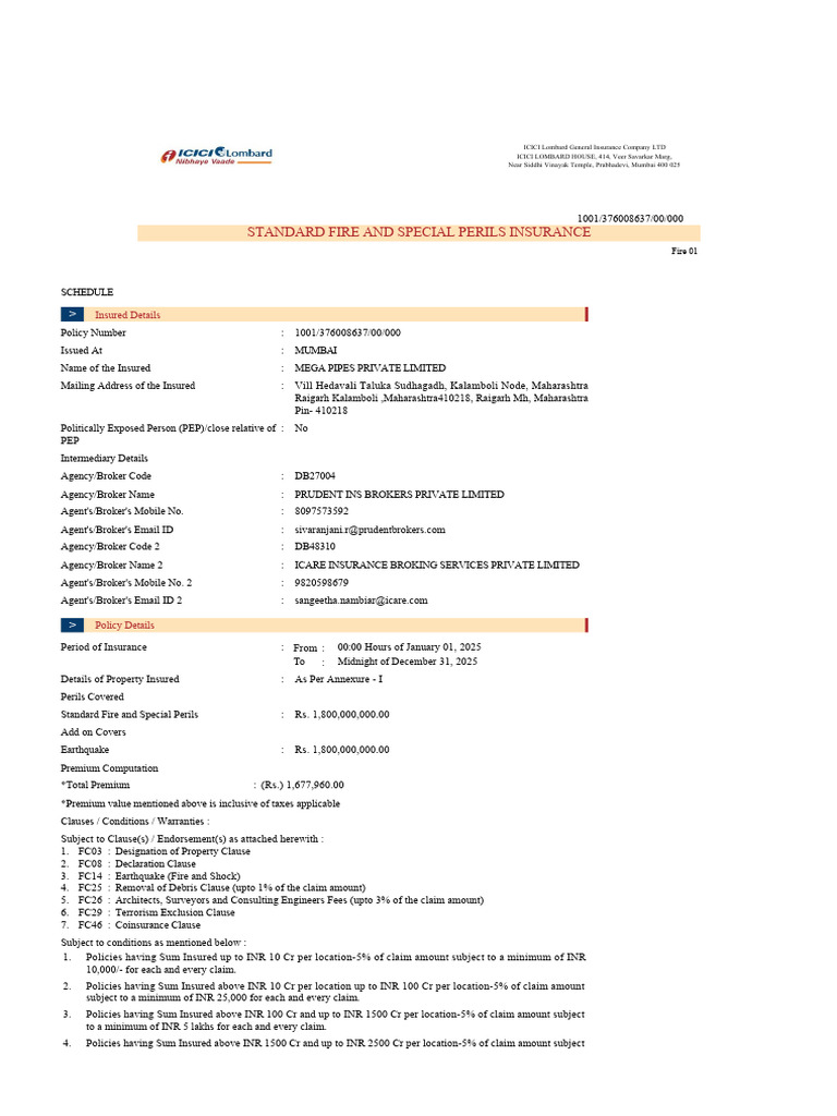 ICICI Lombard Fire Insurance Policy Details | PDF | Insurance | Pro Rata