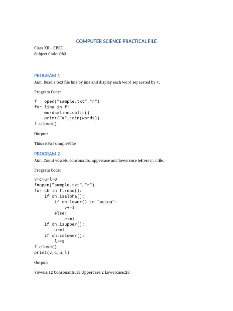 Class 12 CS Practical File Final | PDF | Computing