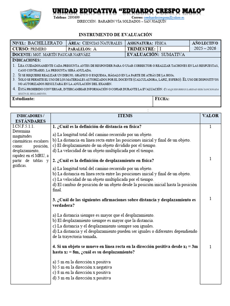 1ERO BACHILLERATO FISICA | PDF | Velocidad | Velocidad