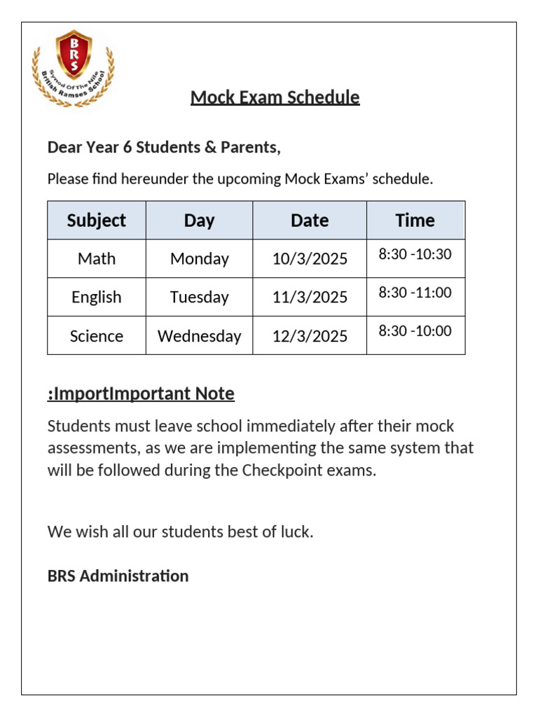 Year 6 Mock Exam Schedule 2025 | PDF