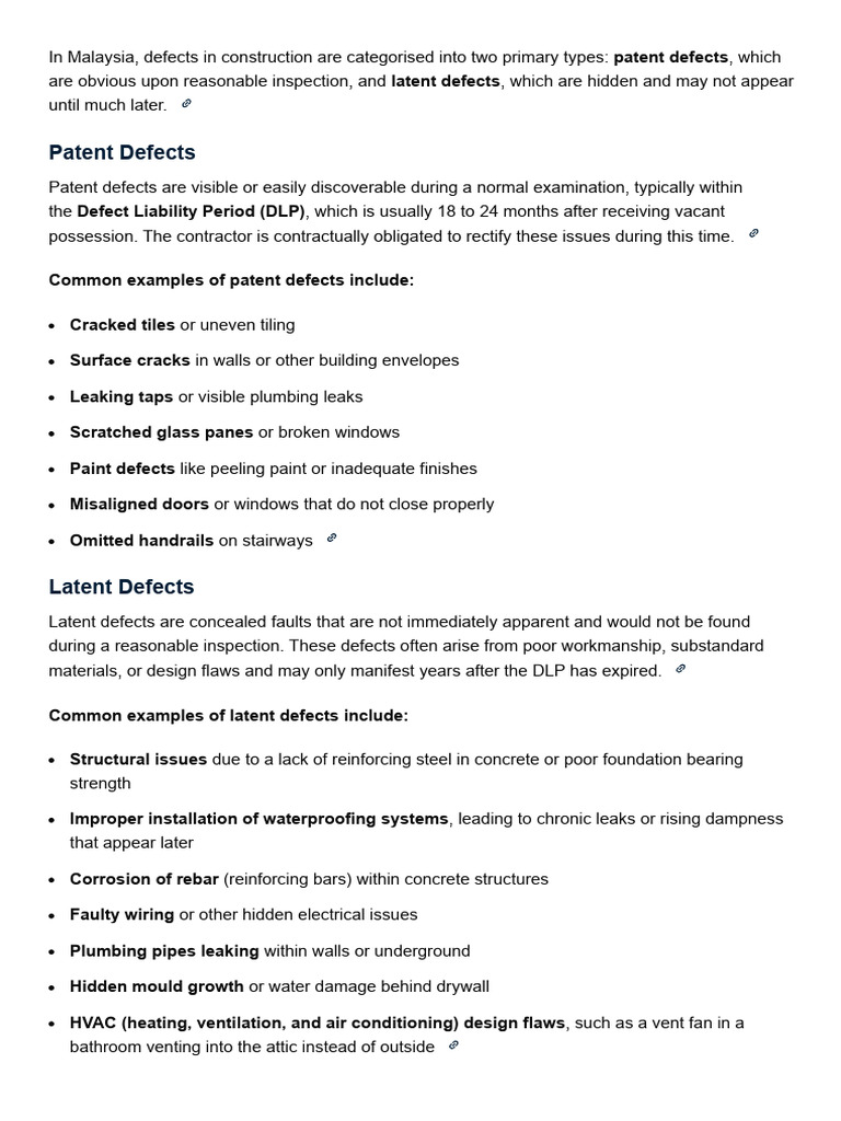 Malaysia Latent and Patent Defect Catagories Sample | PDF