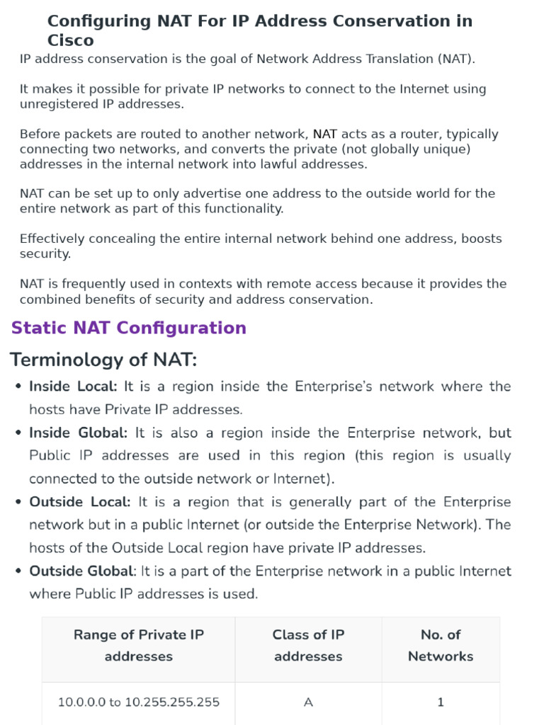 Configuring NAT for IP Conservation | PDF