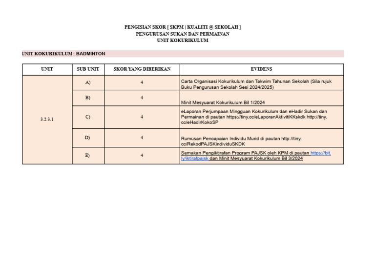 Sukan&Permainan - Pengisian Skor 2025 - Badminton | PDF