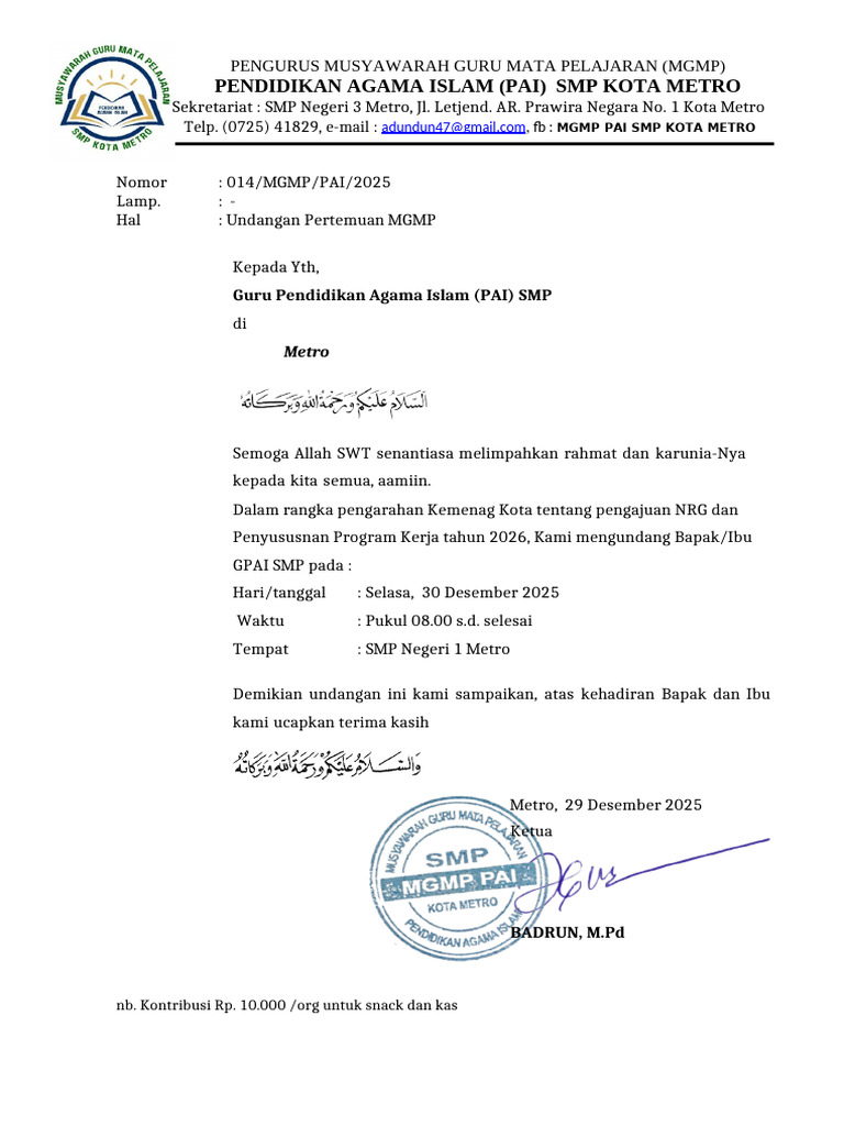 Undangan Pertemuan MGMP PAI SMP Metro | PDF