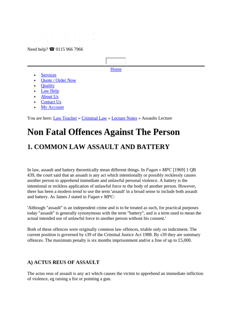 Lecture Note... Non Fatal Offense | PDF | Assault | Battery (Crime)