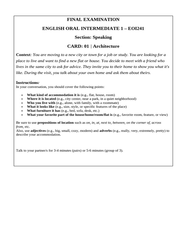 ESL241 Speaking Test Cards Test 2 | PDF | English Language | Adverb