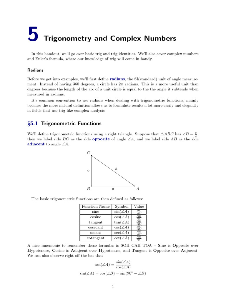 Trigonometry Basics and Complex Numbers | PDF | Trigonometric Functions ...