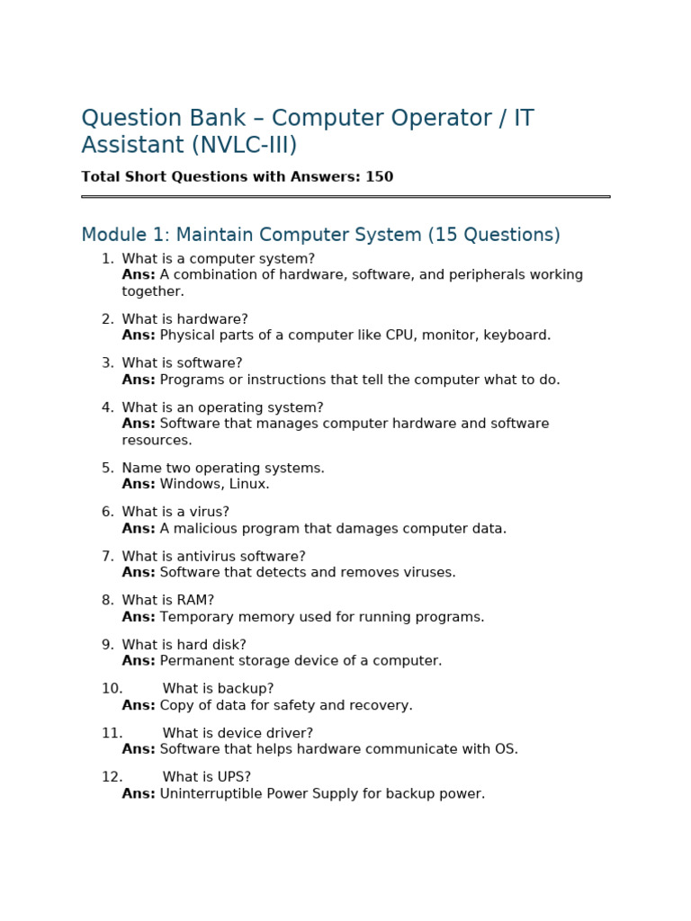 Computer Operator IT Assistant Q&A | PDF | Microsoft Excel | Computer Virus