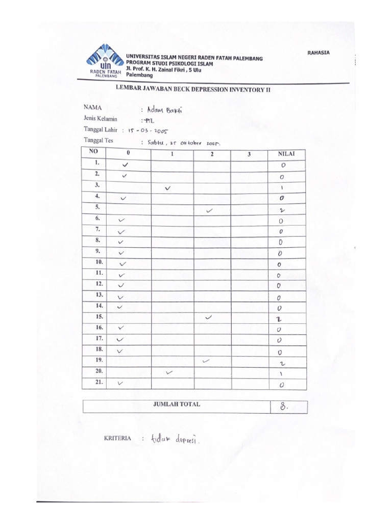 Hasil Skoring Bdi | PDF
