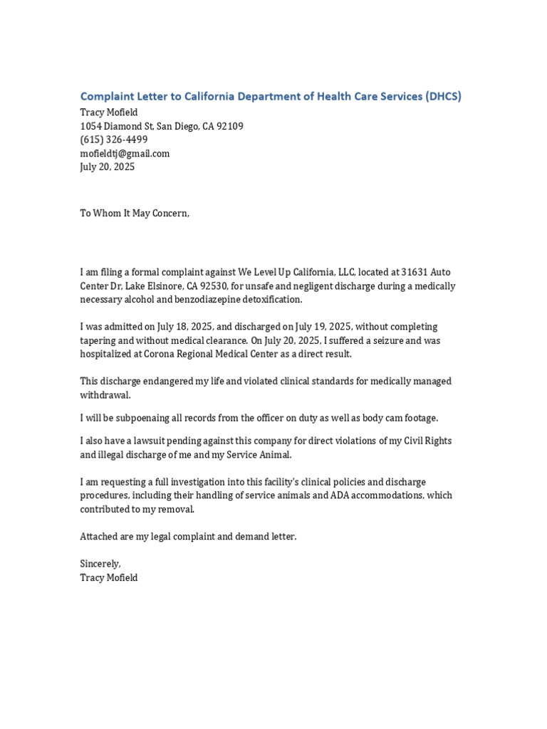 DHCS Complaint Tracy Mofield | PDF