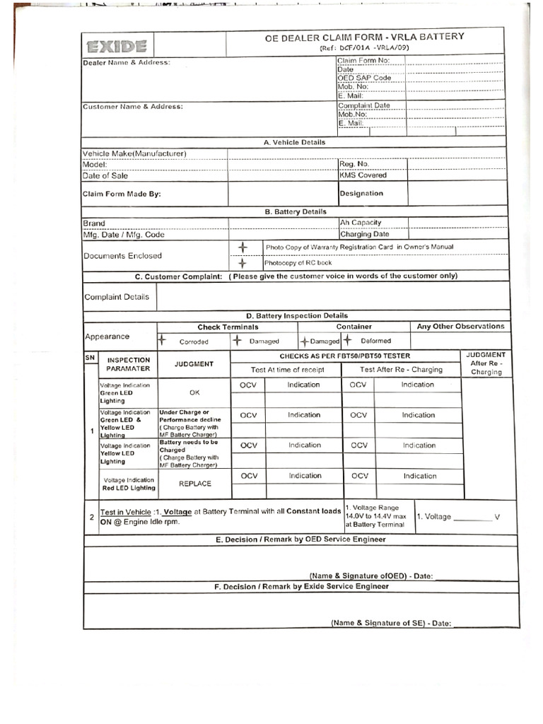 Claim Exide Form | PDF