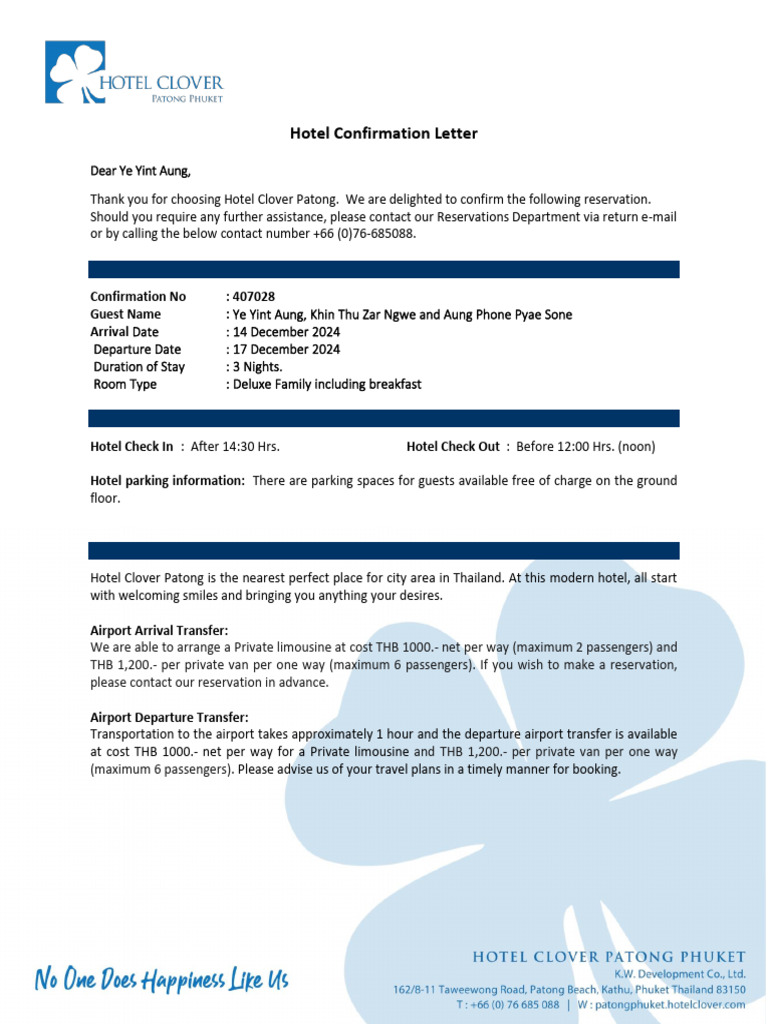 Hotel Clover Patong Confirmation Letter | PDF