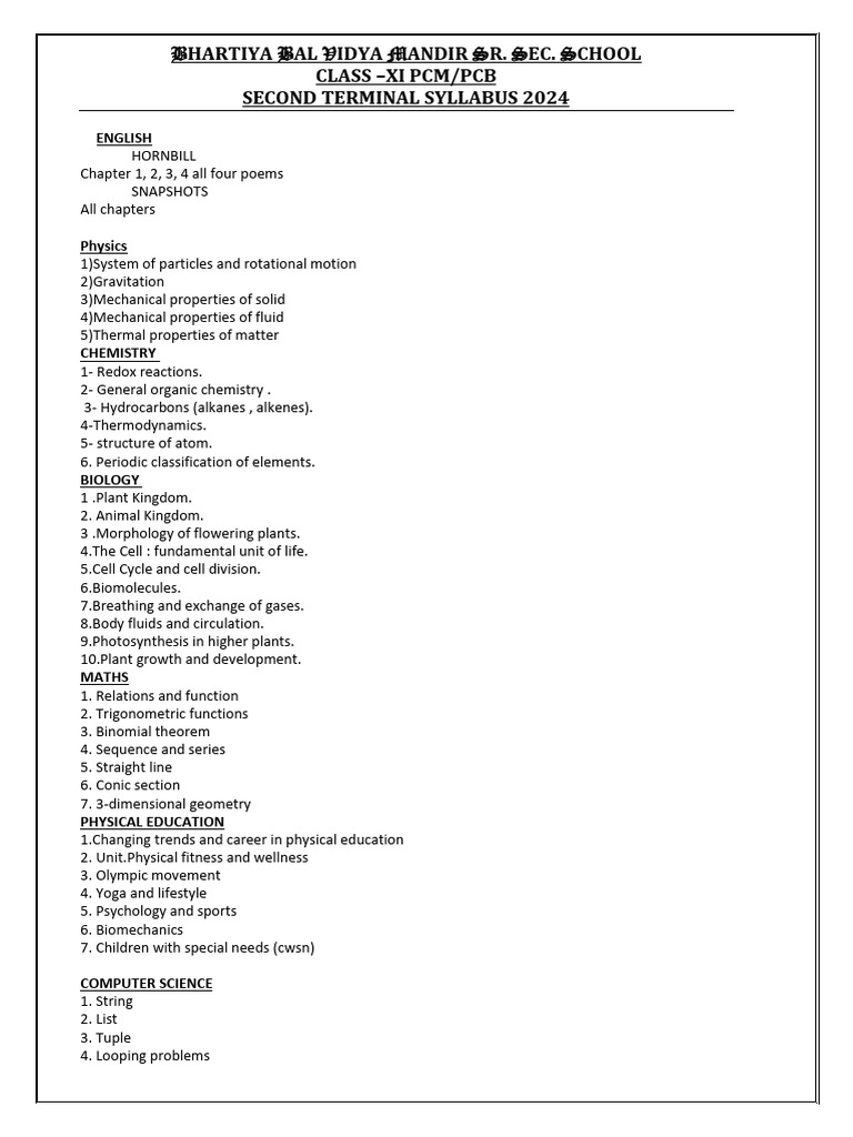 Class 11 PCM PCB Second Term Syllabus | PDF