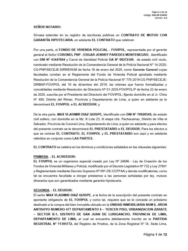 Contrato de Mutuo Hipotecario FOVIPOL | PDF | Seguro | Póliza de seguros