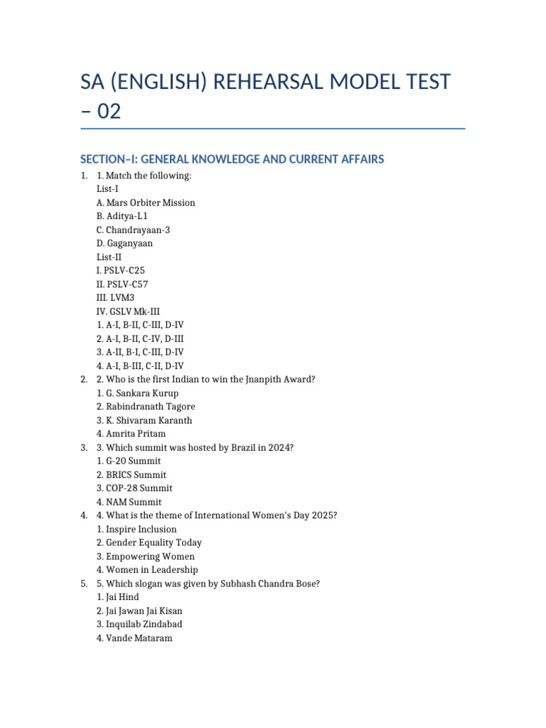 SA English Rehearsal Test 02 With Keys | PDF
