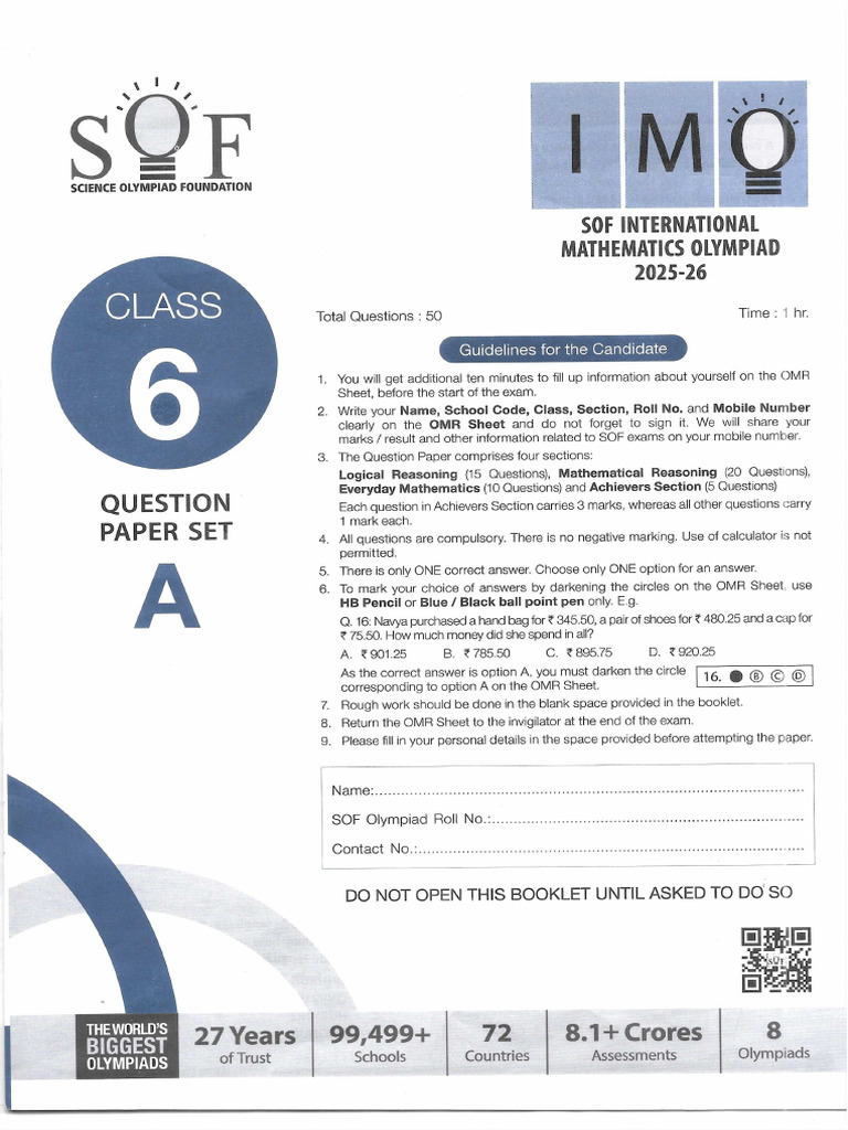 (Please Like) Imo Question Paper Class 6 For 2025-2026 For Imo Practice ...