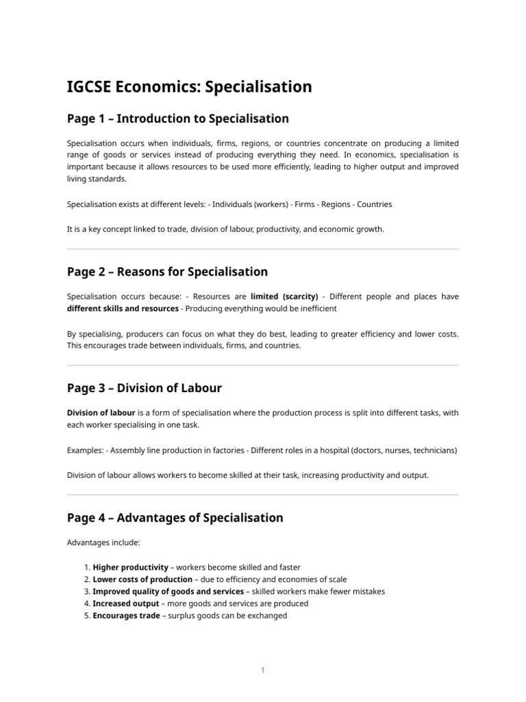Igcse Economics - Specialisation | PDF | Division Of Labour | Economics
