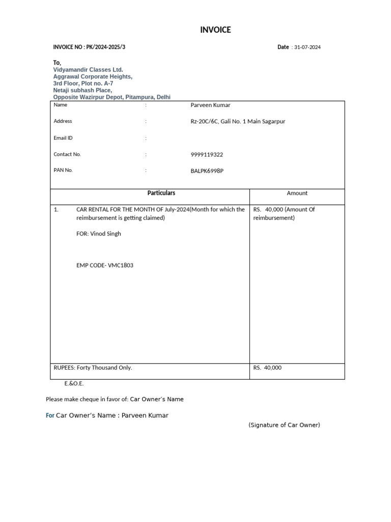 INVOICE Vinod Singh (July.) | PDF