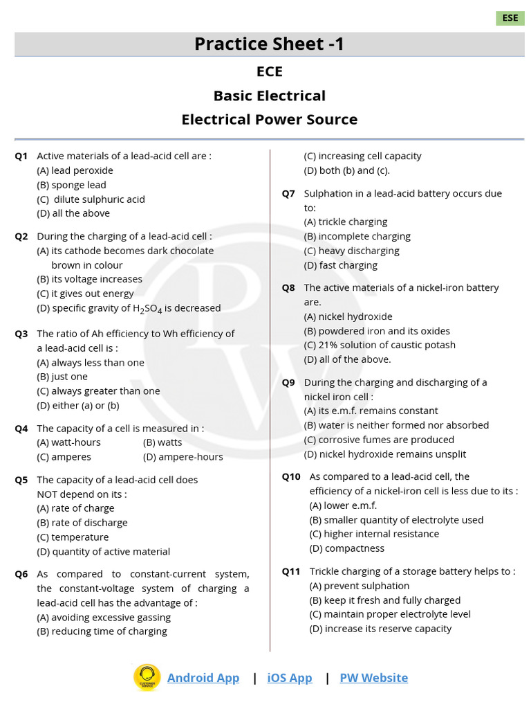 Electrical Power Sources - ESE - Practice Sheet 01 | PDF | Rechargeable ...