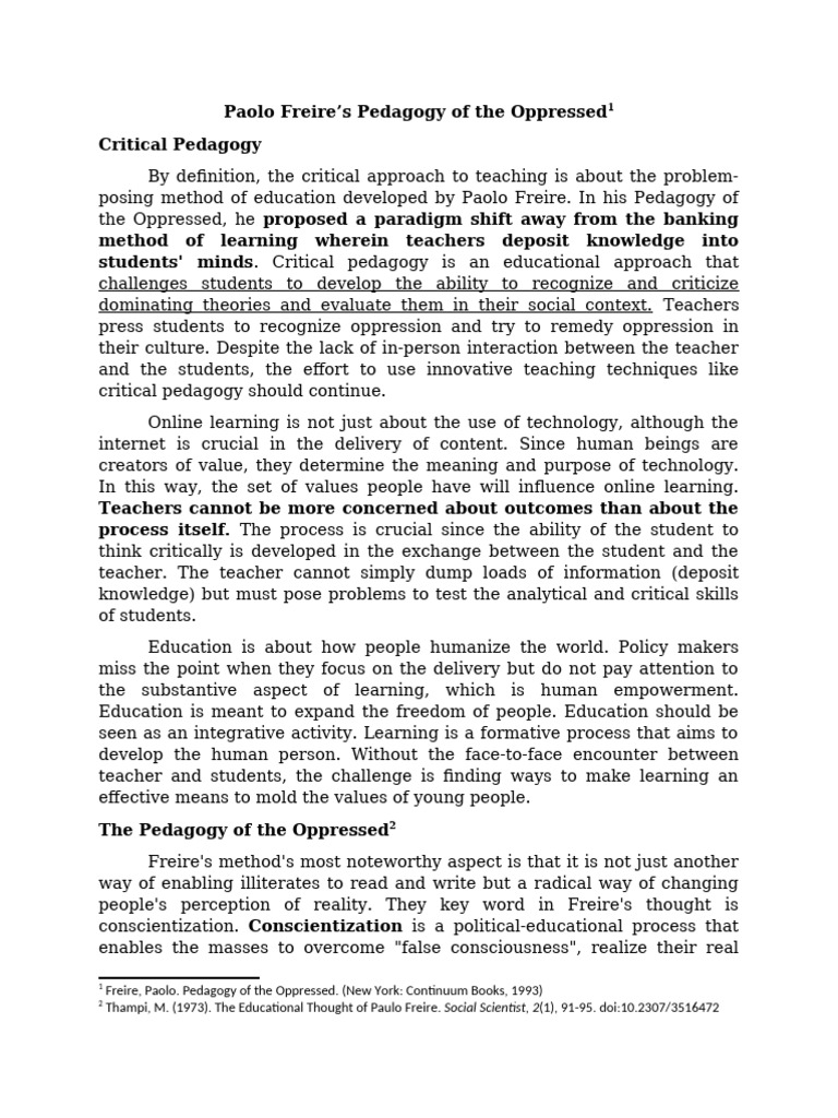Freire's Critical Pedagogy Explained | PDF | Pedagogy | Cognition