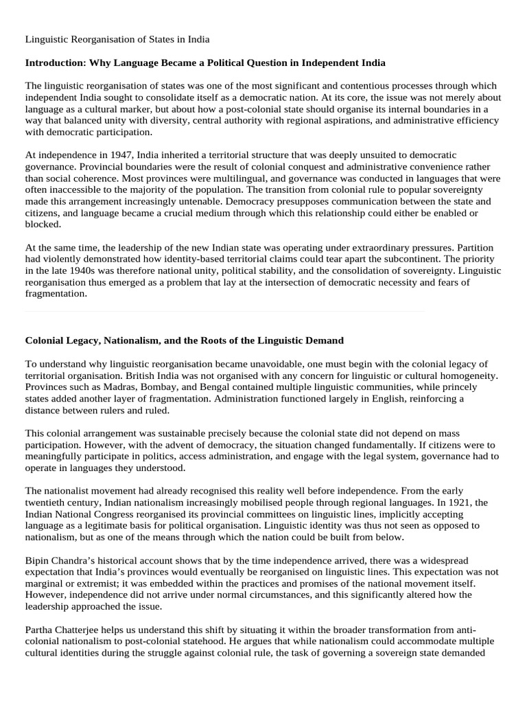 Linguistic Reorganisation of States 22 Mark Essay | PDF | Nationalism ...