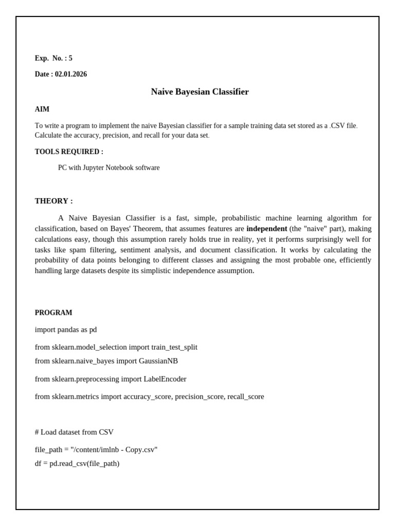 Exp 5 ML Naive Bayes Classifier | PDF | Statistical Classification ...