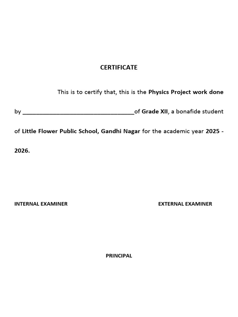 Grade XII Physics Project Certificate | PDF