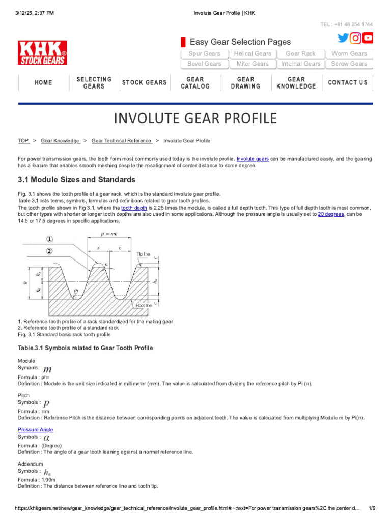 Involute Gear Profile - KHK | PDF