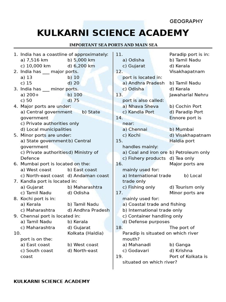 Major Ports of India Quiz Guide | PDF | Port | Tamil Nadu
