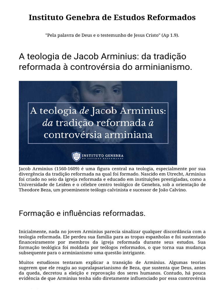 A Teologia de Jacob Arminius - Da Tradição Reformada À Controvérsia Do ...