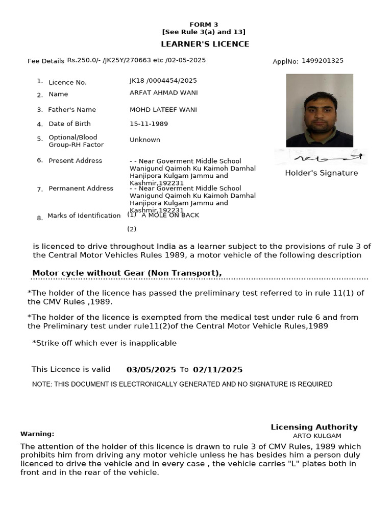 Learner'S Licence: Form 3 (See Rule 3 (A) and 13) | PDF | Land ...