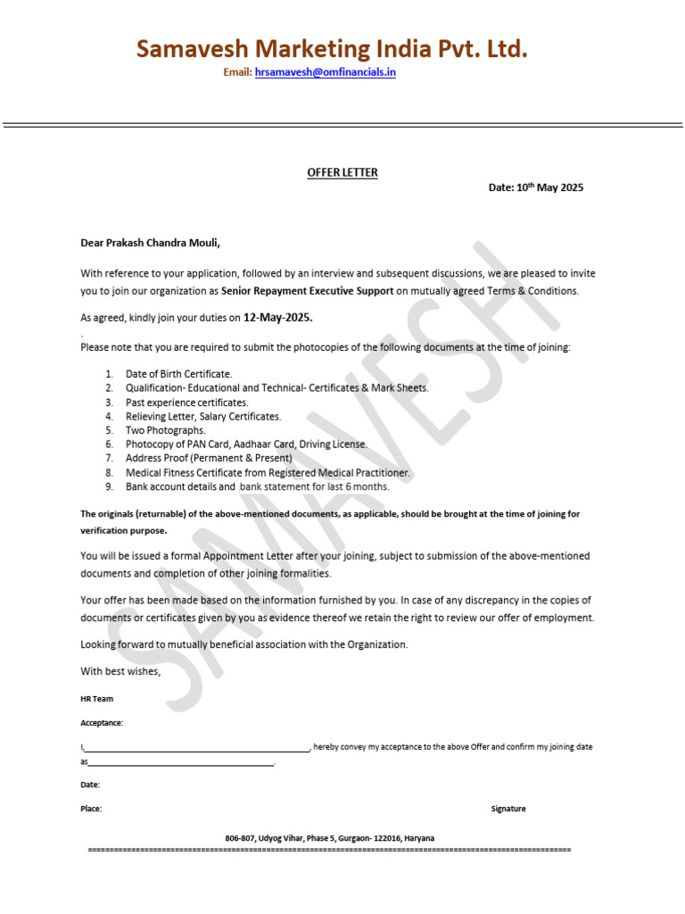Offer Letter - Prakash Chandra Mouli | PDF