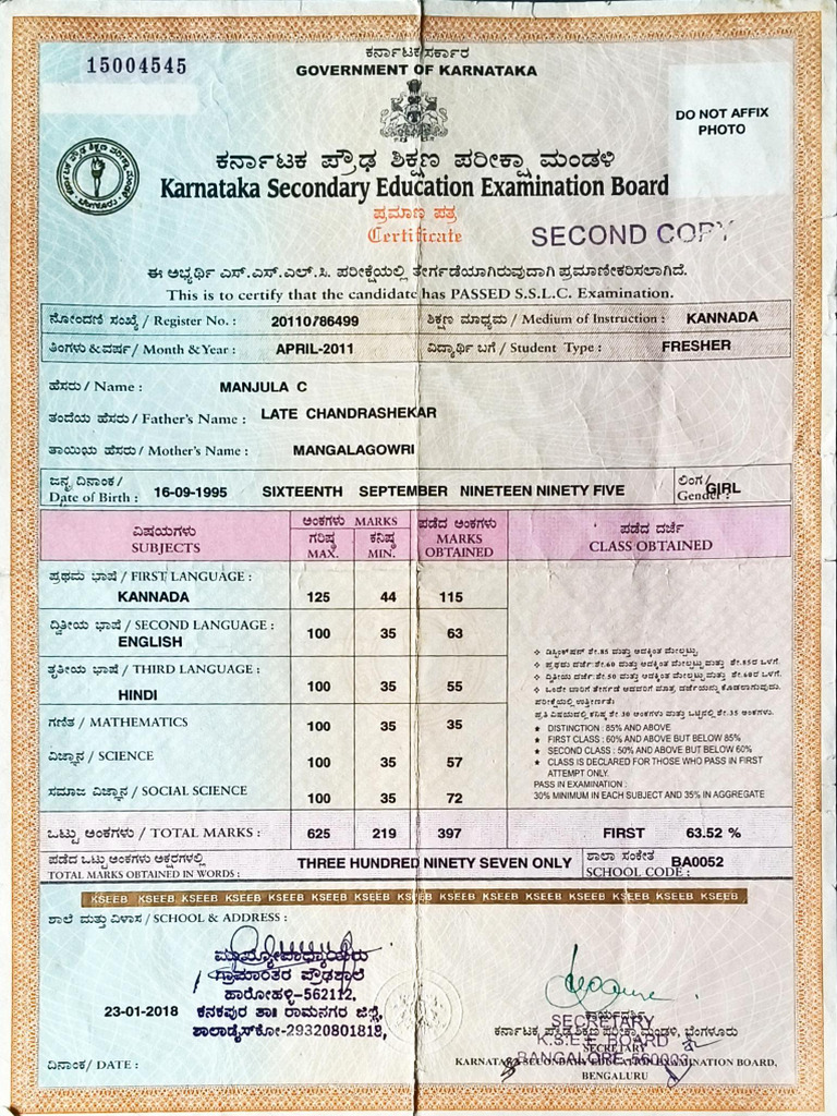 SSLC Marks Card | PDF