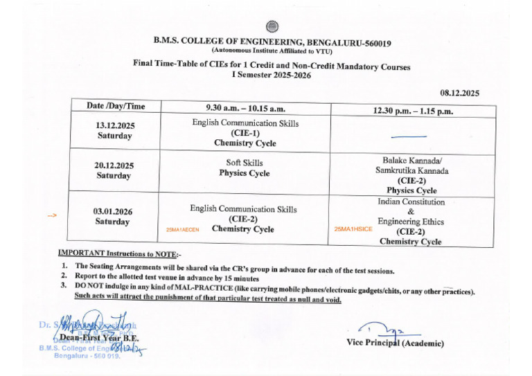 Final Time-table of CIEs for 1 Credit and NCMC Courses | PDF