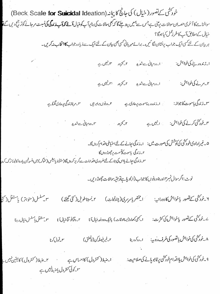 Beck Scale for Suicidal Ideation (Urdu) | PDF