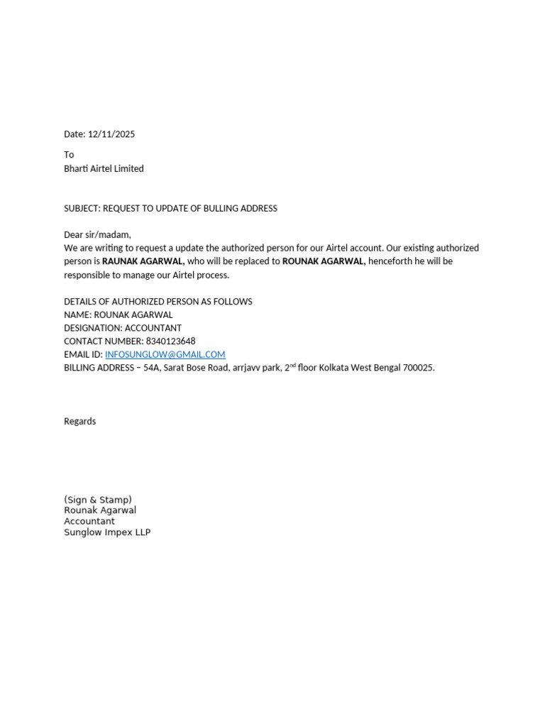 Billing Address Change Letter | PDF