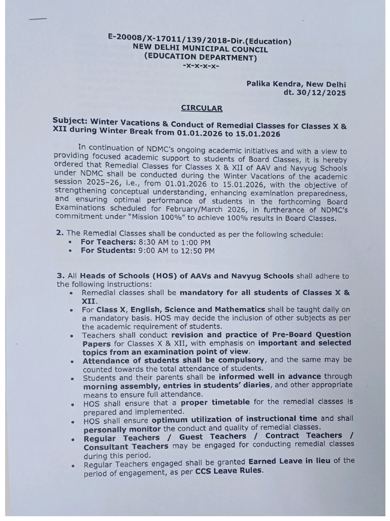 Remedial Classes Order 30.12.2025 | PDF
