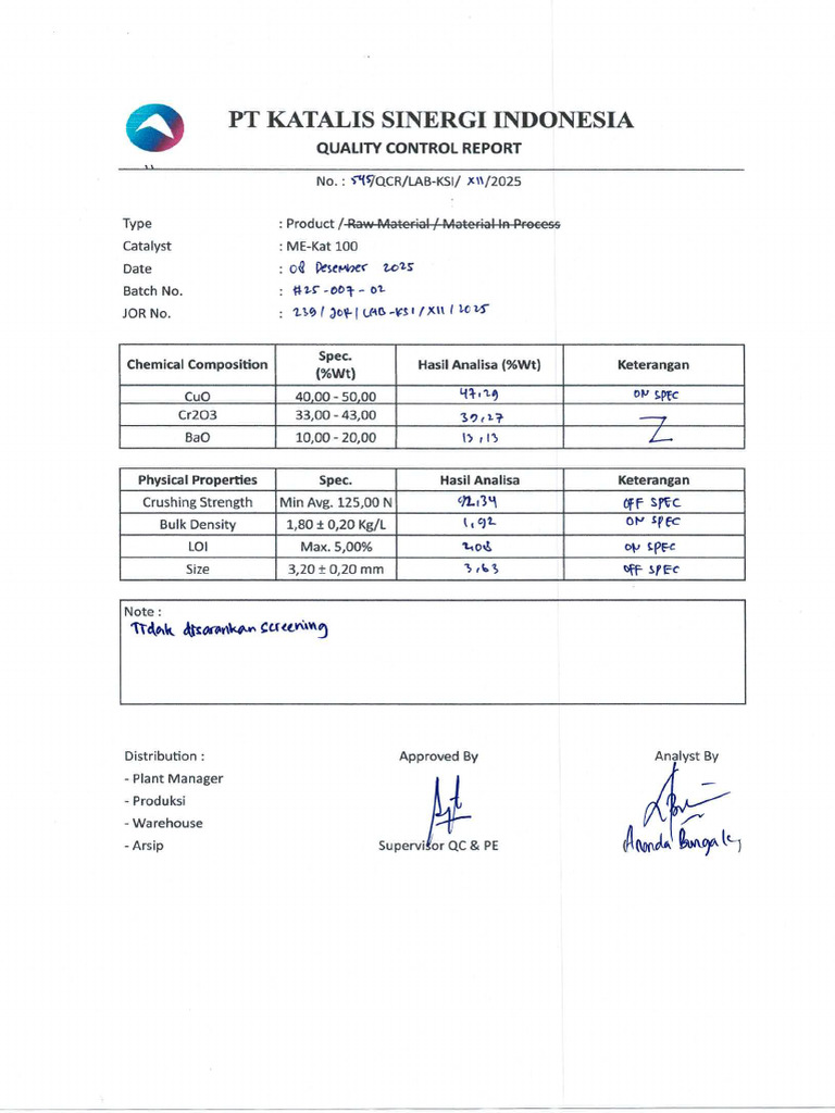 545 558 QCR LAB KSI XII 2025 - Quality Control Report ME Kat 100 | PDF