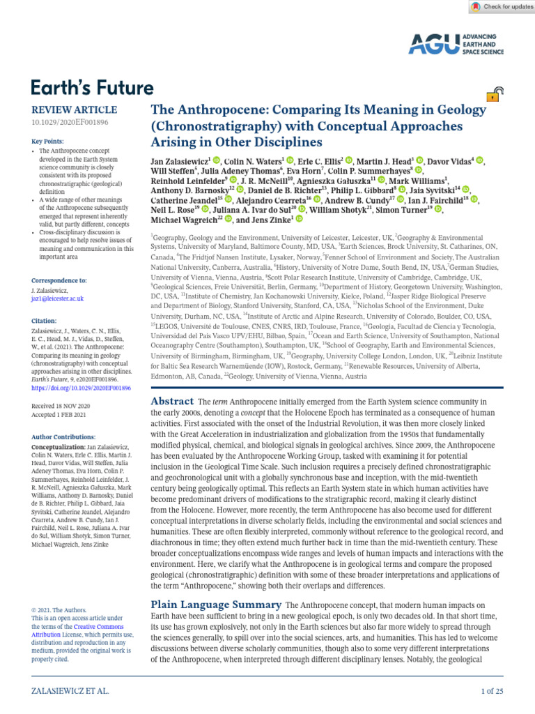 Earth S Future - 2021 - Zalasiewicz - The Anthropocene Comparing Its ...